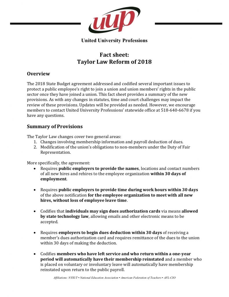 Fact sheet: Taylor Law Reform of 2018 - UUP Buffalo Center